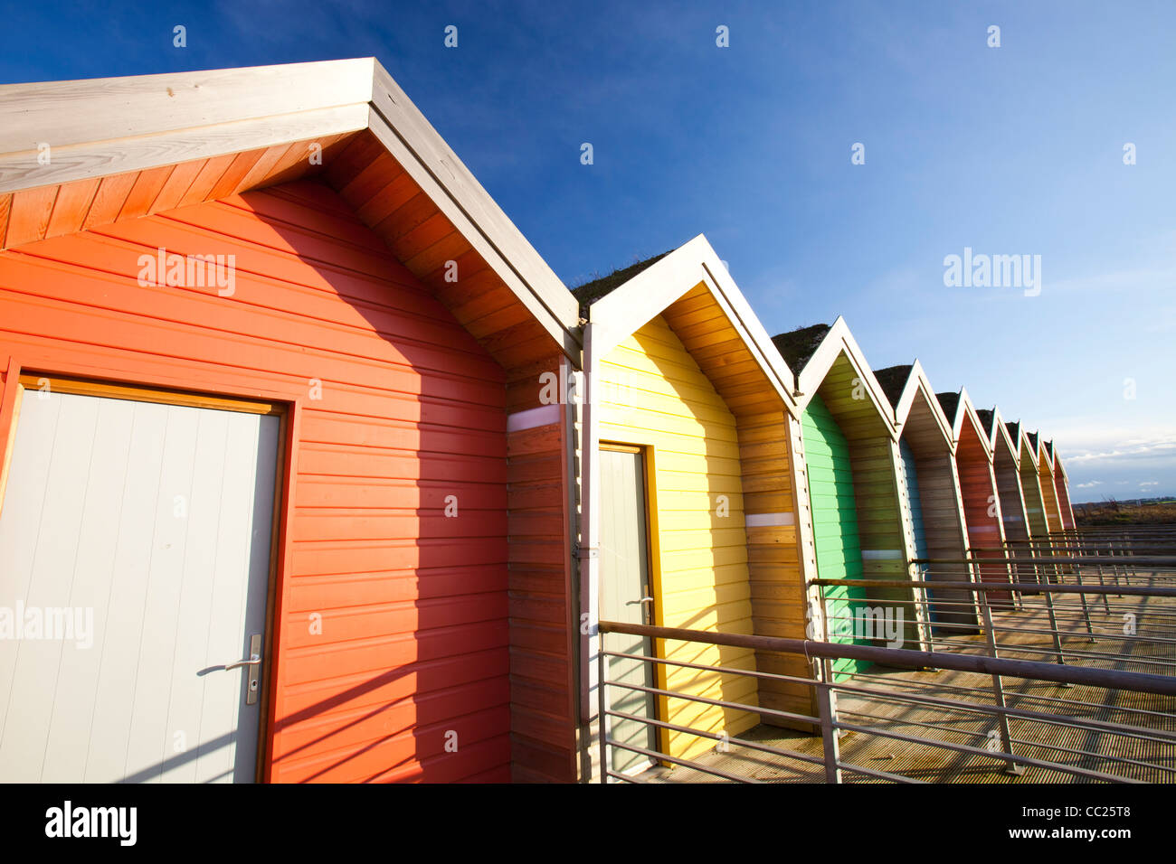Traditional British beach huts on the coast at Blyth, Northumberland ...
