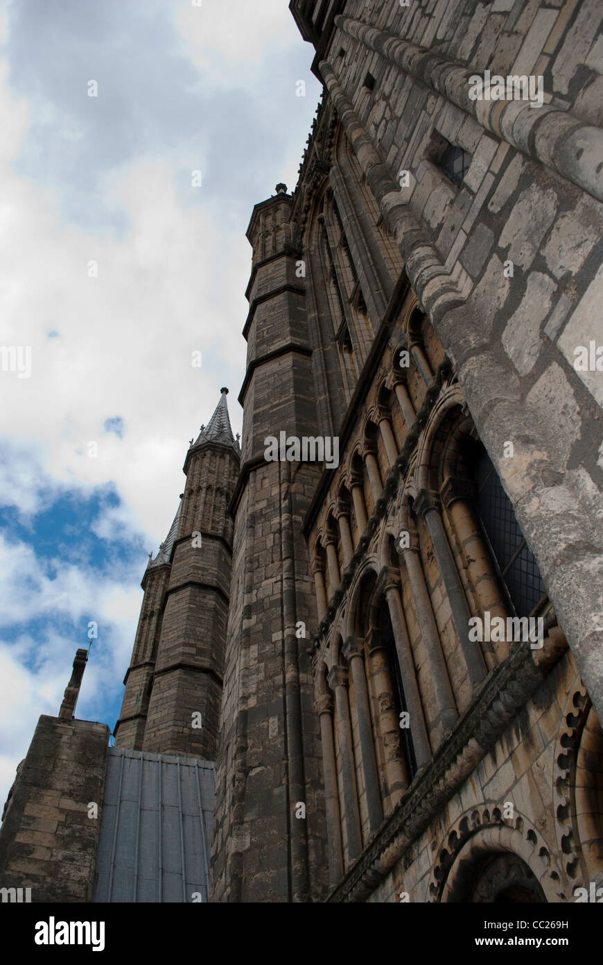 Looking up the West Front Lincoln Cathedral from roof balcony halfway ...
