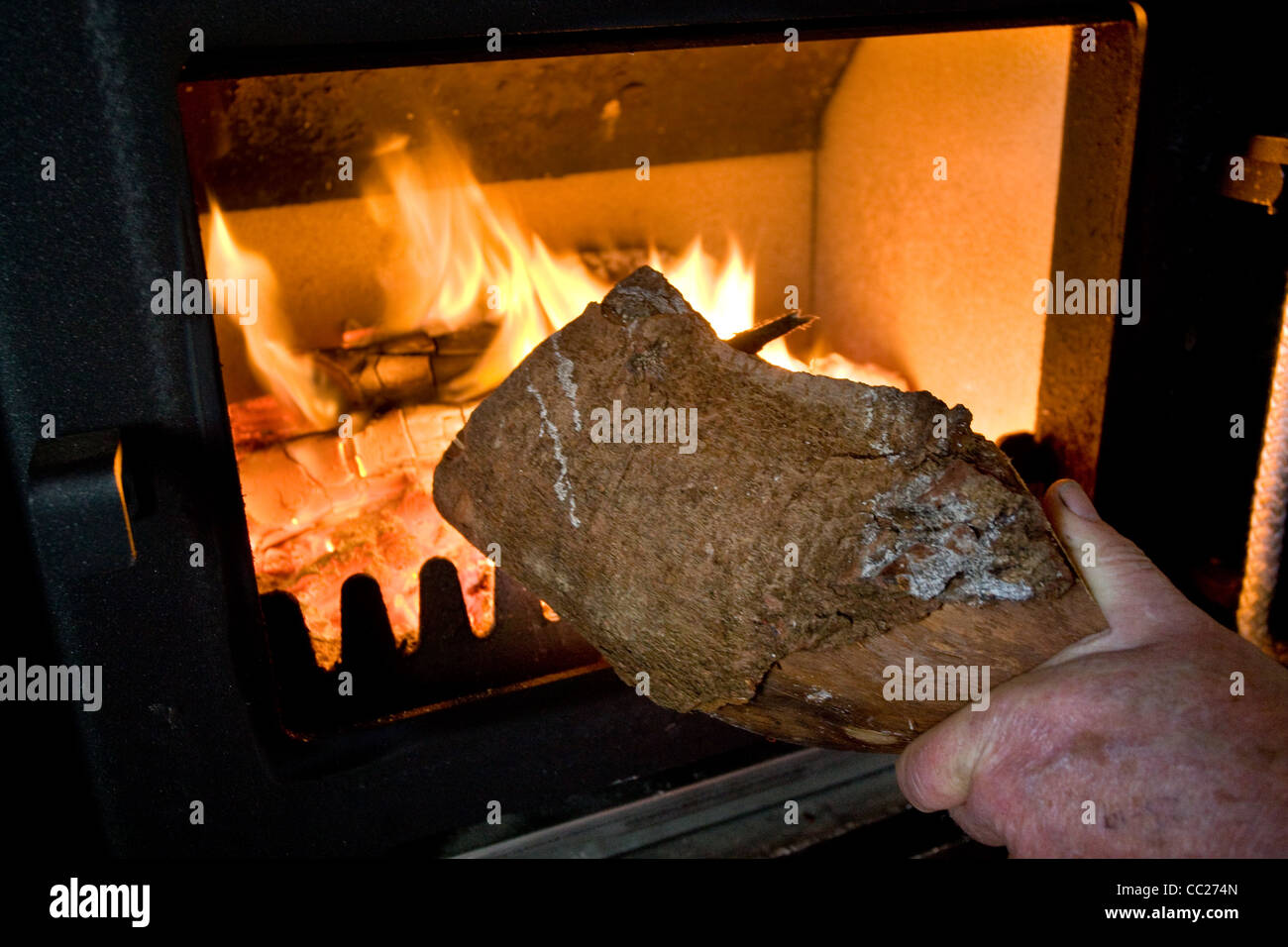 A log is placed in a wood burning stove Stock Photo - Alamy