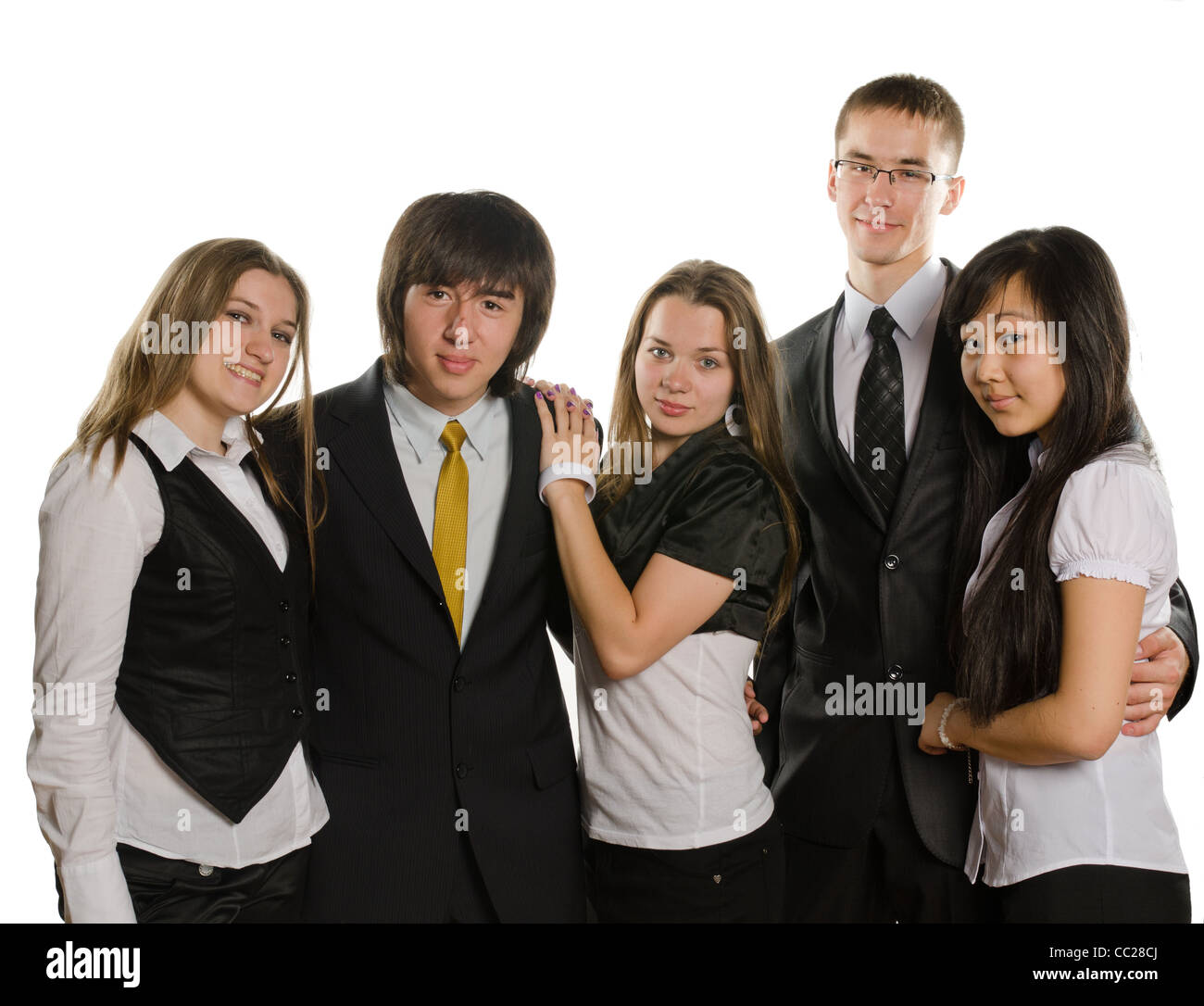Five elementary school graduates posing on white background Stock Photo ...