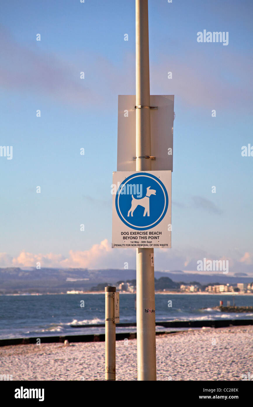 Dog exercise beach beyond this point sign on Bournemouth beach with a ...