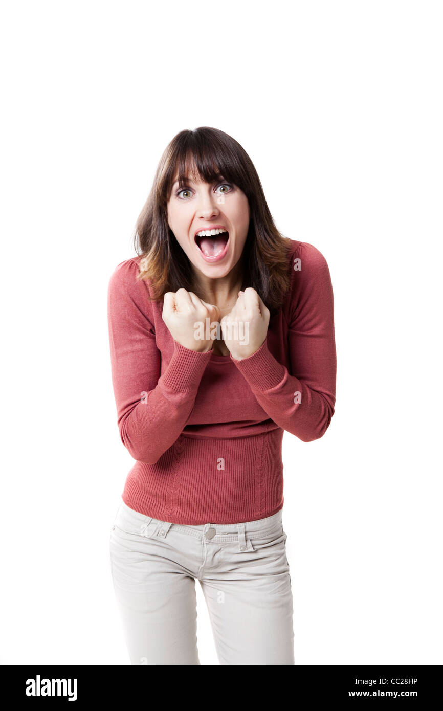 Beautiful woman screaming. Studio shot isolated on a white background ...