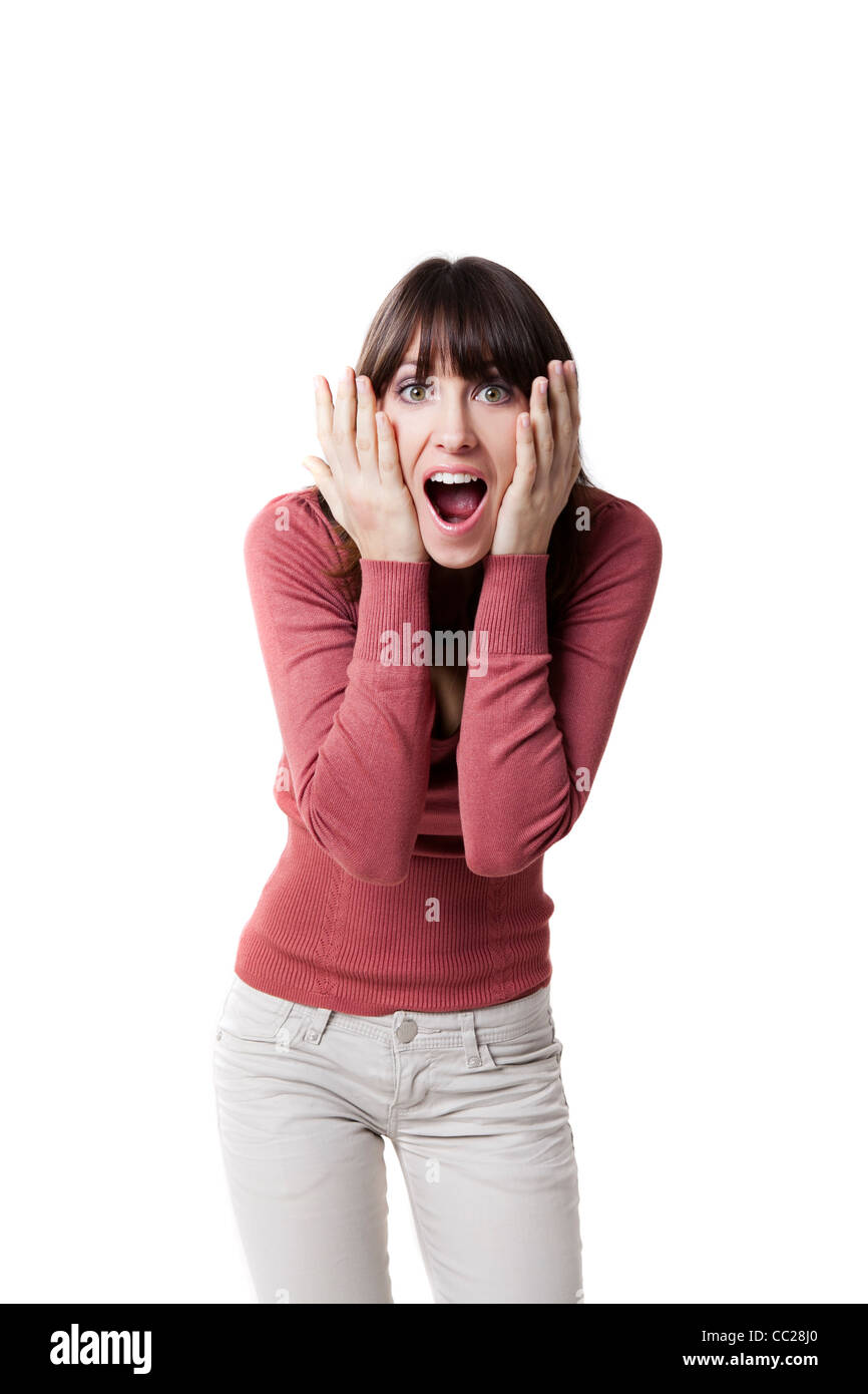 Beautiful woman screaming. Studio shot isolated on a white background ...