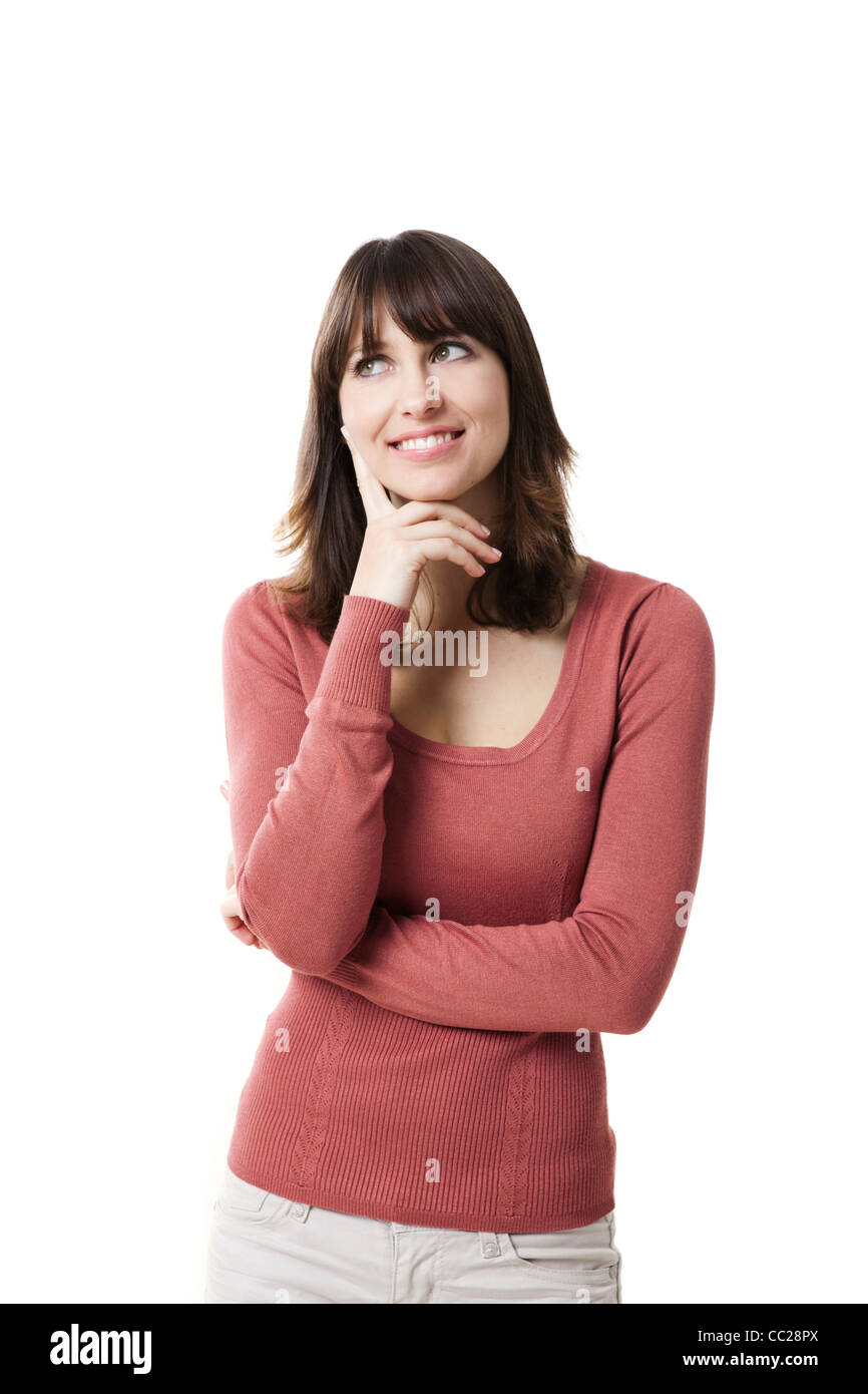 Beautiful woman thinking. Studio shot with isolated white background ...