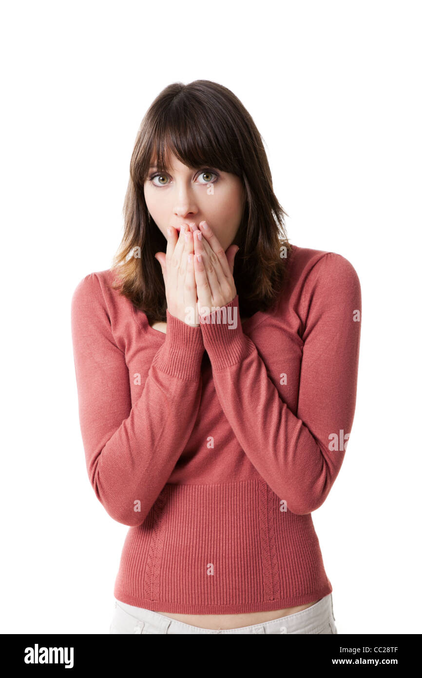 Portrait of a beautiful woman looking surprised and scared, isolated on ...