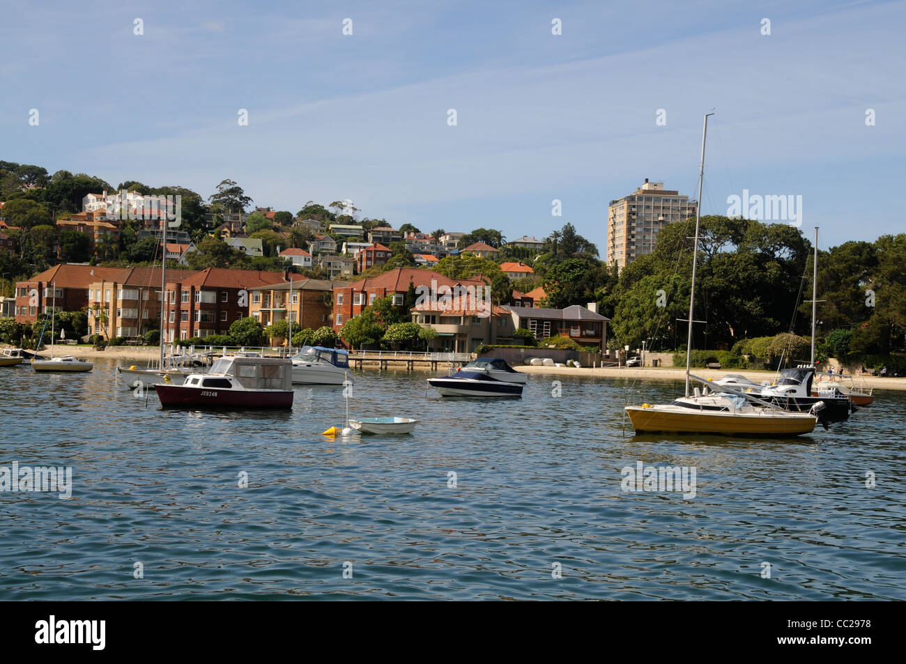 Pleasure boats moored in Rose Bay an eastern suburb of 7 kilometres of ...