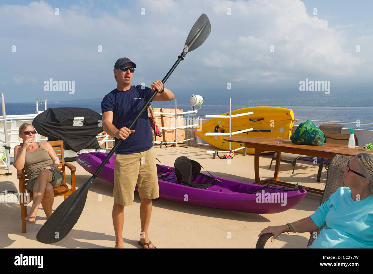 Expedition leaders demonstrate kayaks to cruise yacht passengers aboard ...