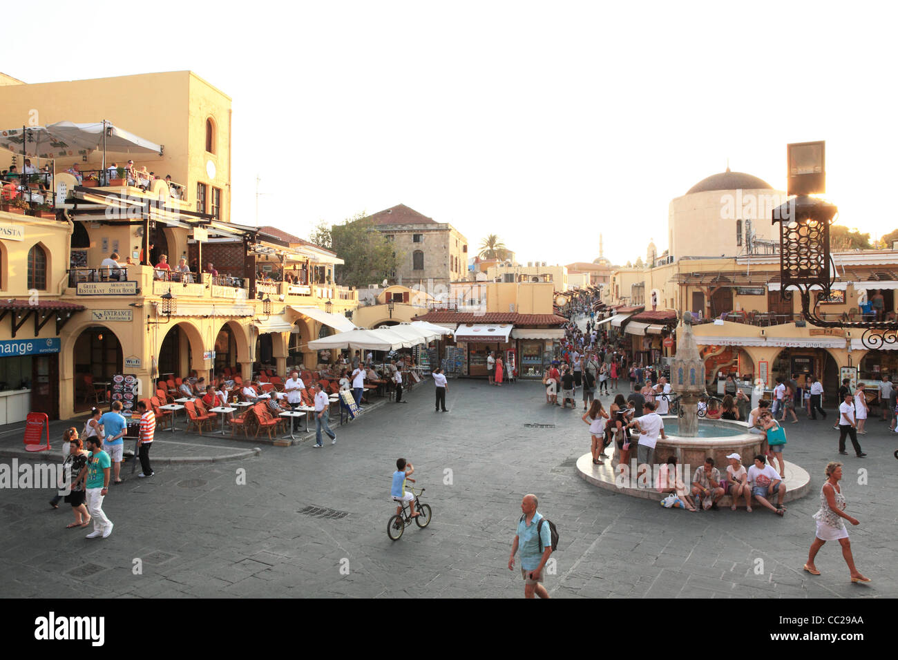 The busy Hippokrates Square in Rhodes City Old Town, in the Dodecanese ...