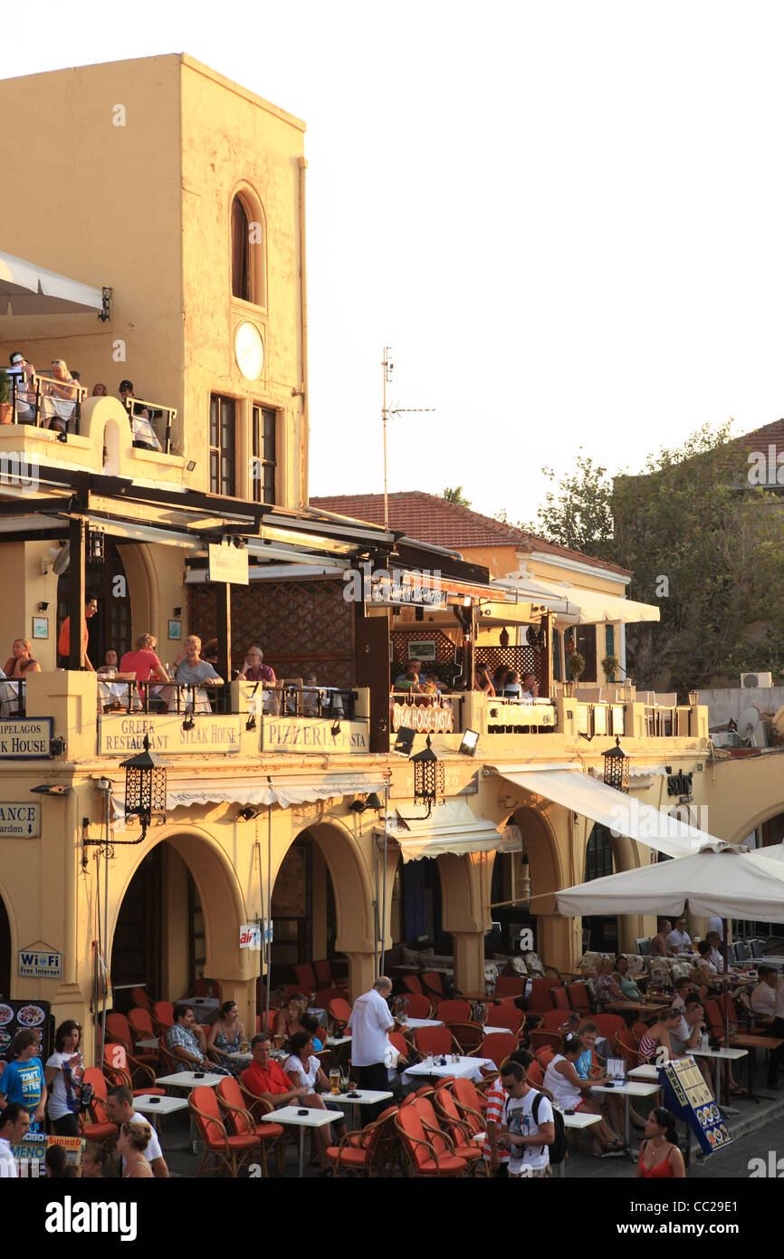 Pavement cafes and restaurants in Hippokrates Square, in Rhodes City ...