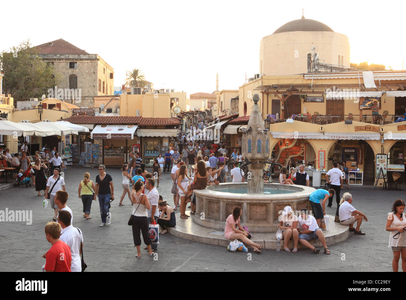 The busy Hippokrates Square in Rhodes City Old Town, in the Dodecanese ...