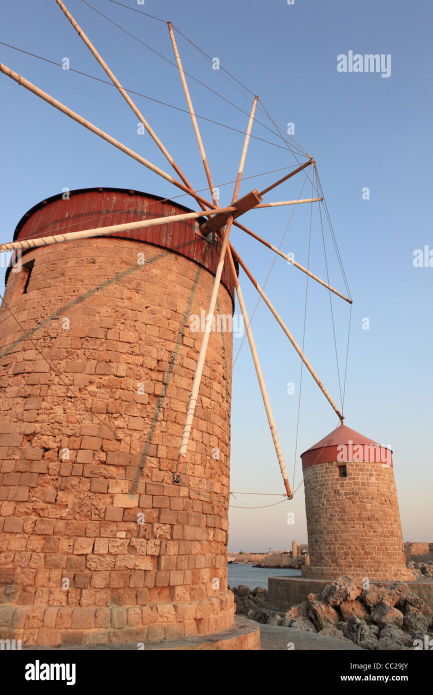 The famous windmills in the Port of Rhodes, on Rhodes island, in the ...