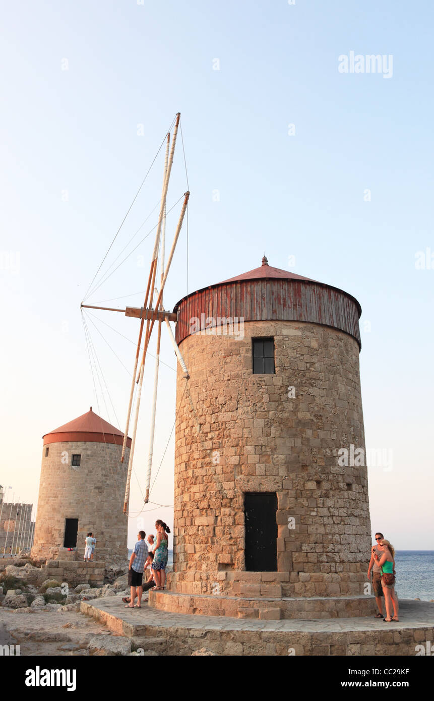 The famous windmills in the Port of Rhodes, on Rhodes island, in the ...
