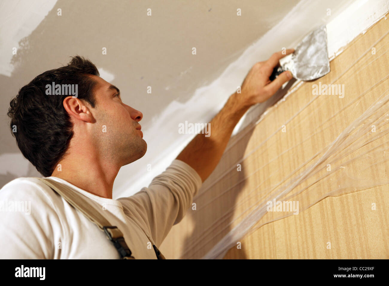 Man putting up a plasterboard ceiling Stock Photo - Alamy