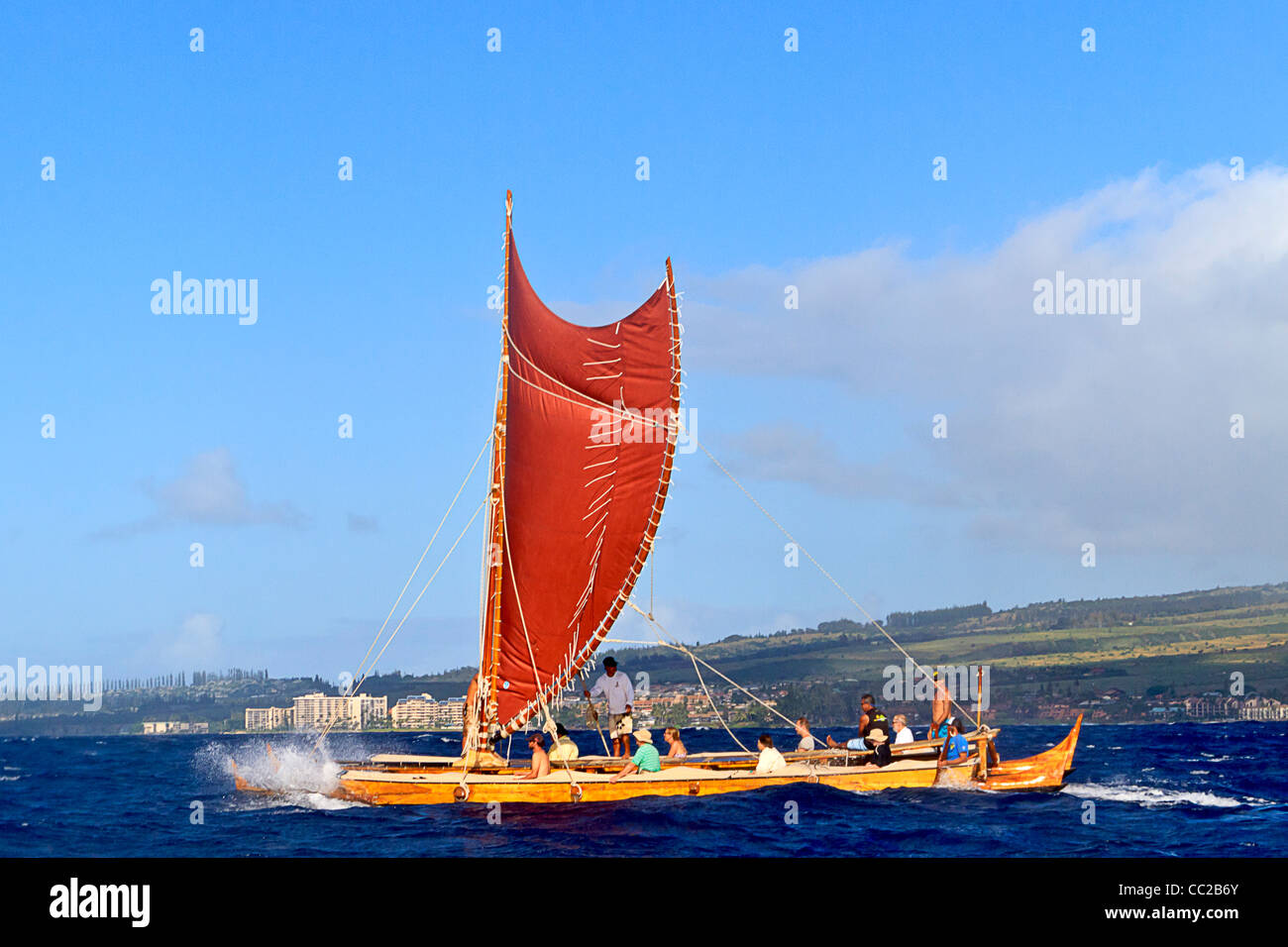 Mo'olele, replica of an ancient Hawaiian war canoe, sails in waters off ...