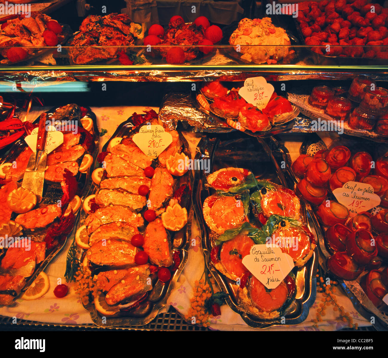 Food displayed in a shop window, (pre Euro) Paris, France Stock Photo ...