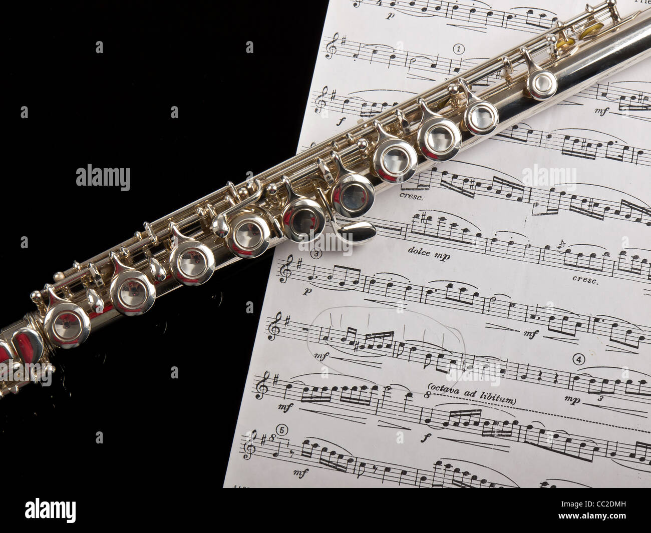 flute and the sheet of notes Stock Photo - Alamy
