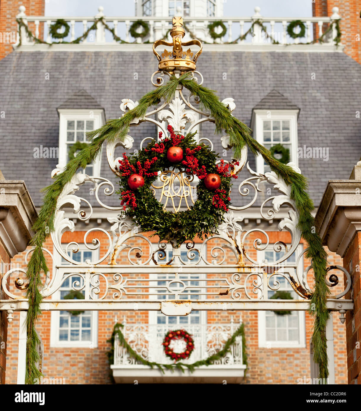 Entrance to Governor palace in Colonial Williamsburg at Christmas Stock ...