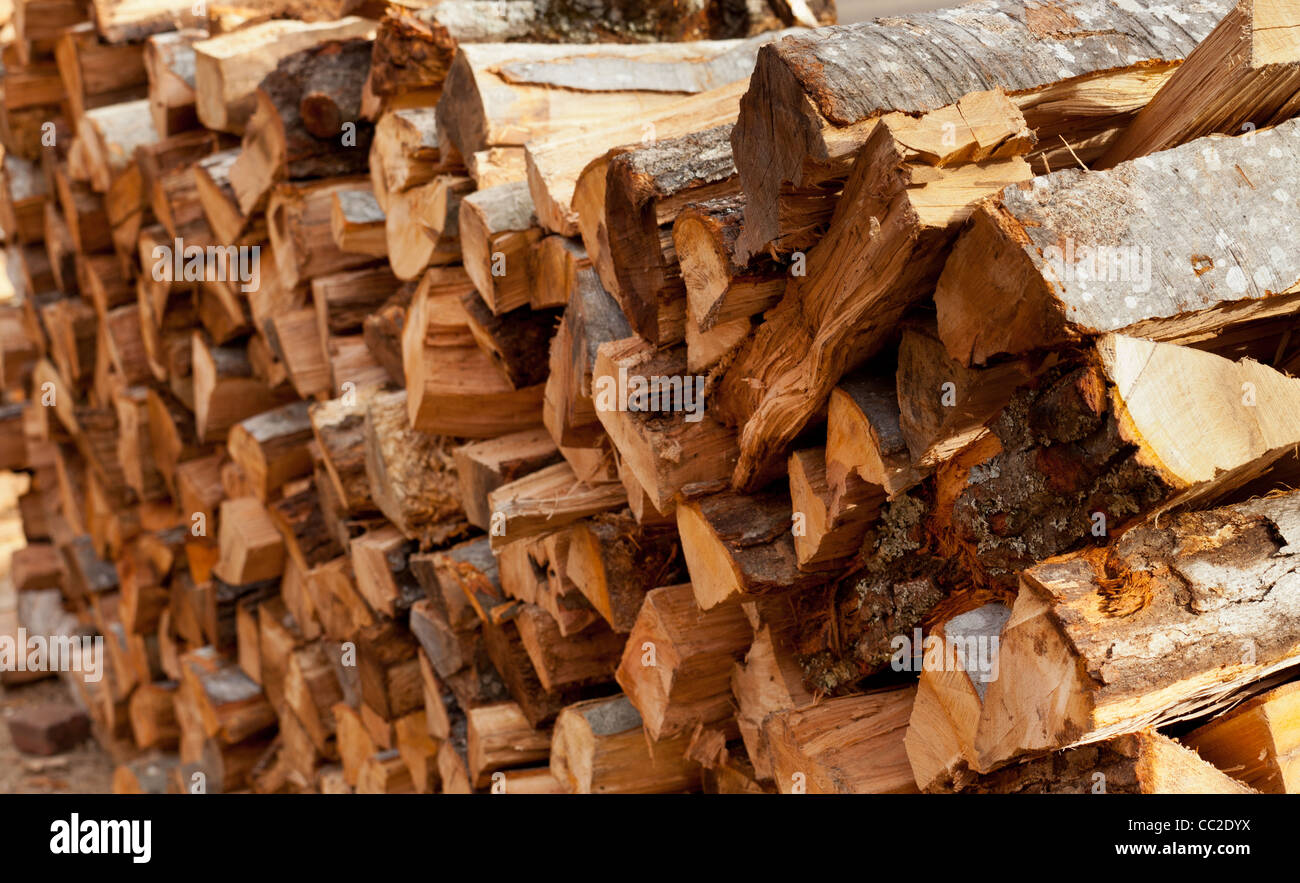 Long stack of firewood with focus on the nearest logs Stock Photo - Alamy