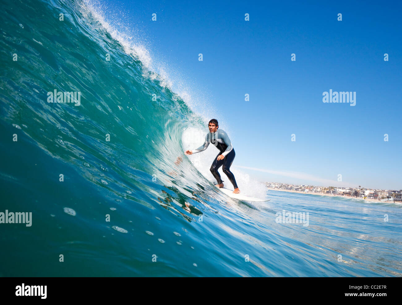 Surfer On Blue Ocean Wave Stock Photo - Alamy