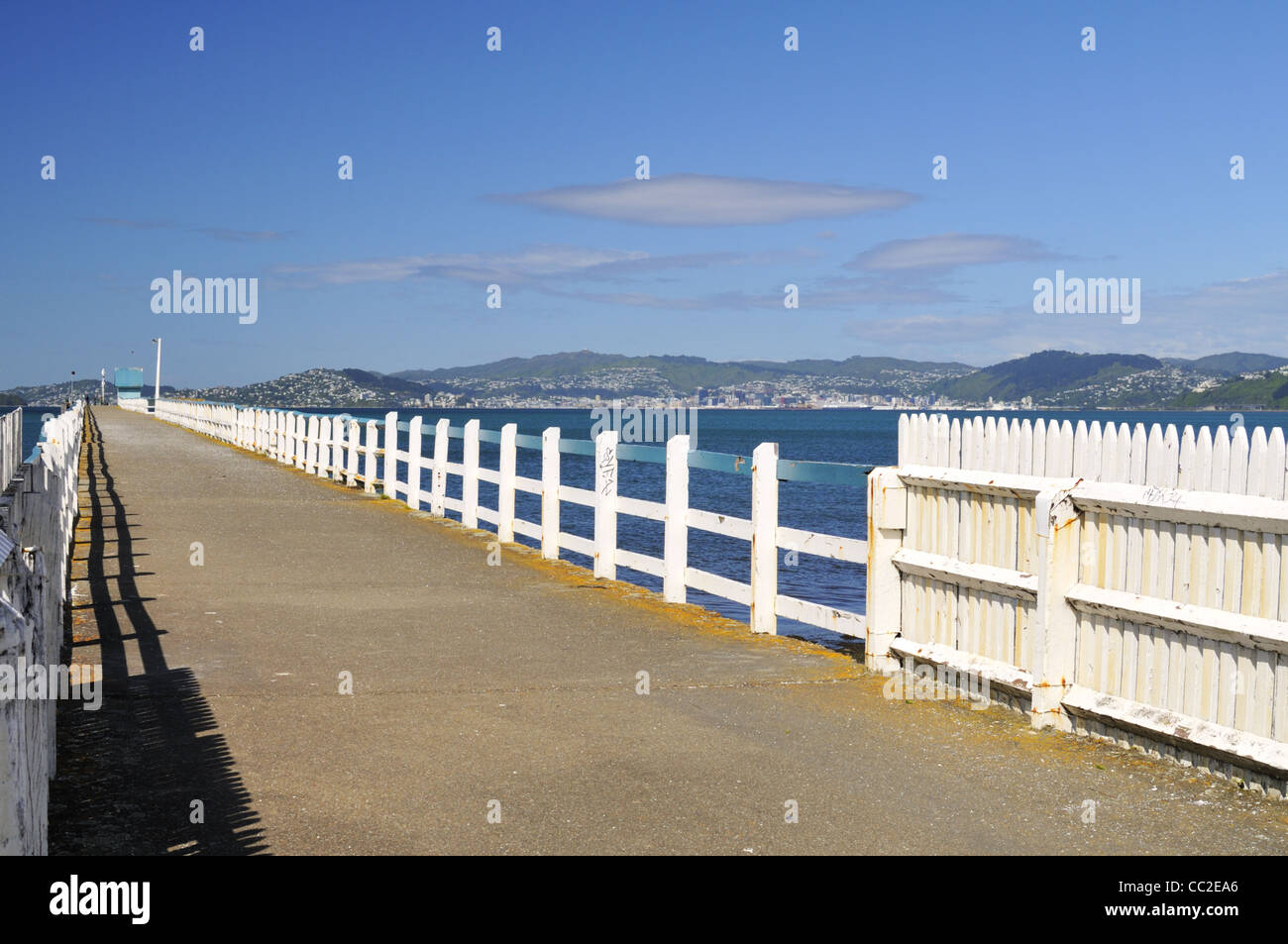 Petone Wharf with view of Wellington City across Wellington Harbour ...
