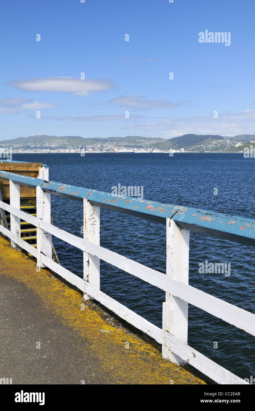 Petone Wharf with view of Wellington City across Wellington Harbour ...