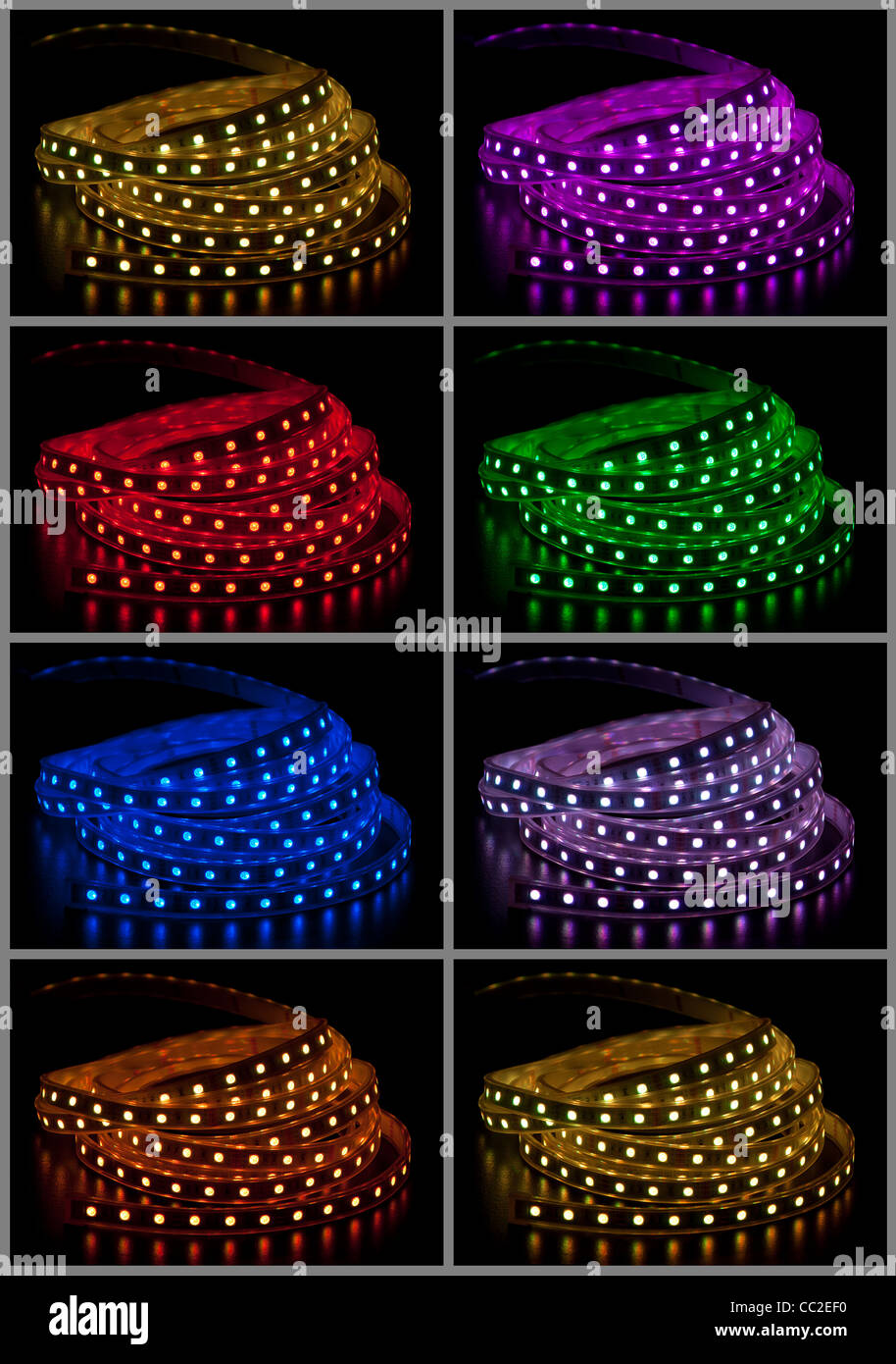 Collage of glowing LED garland on black background Stock Photo - Alamy