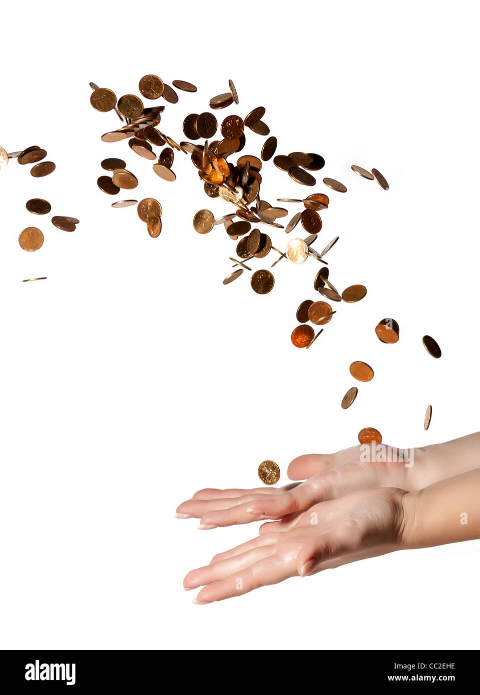coins fall into his hands on white background Stock Photo - Alamy