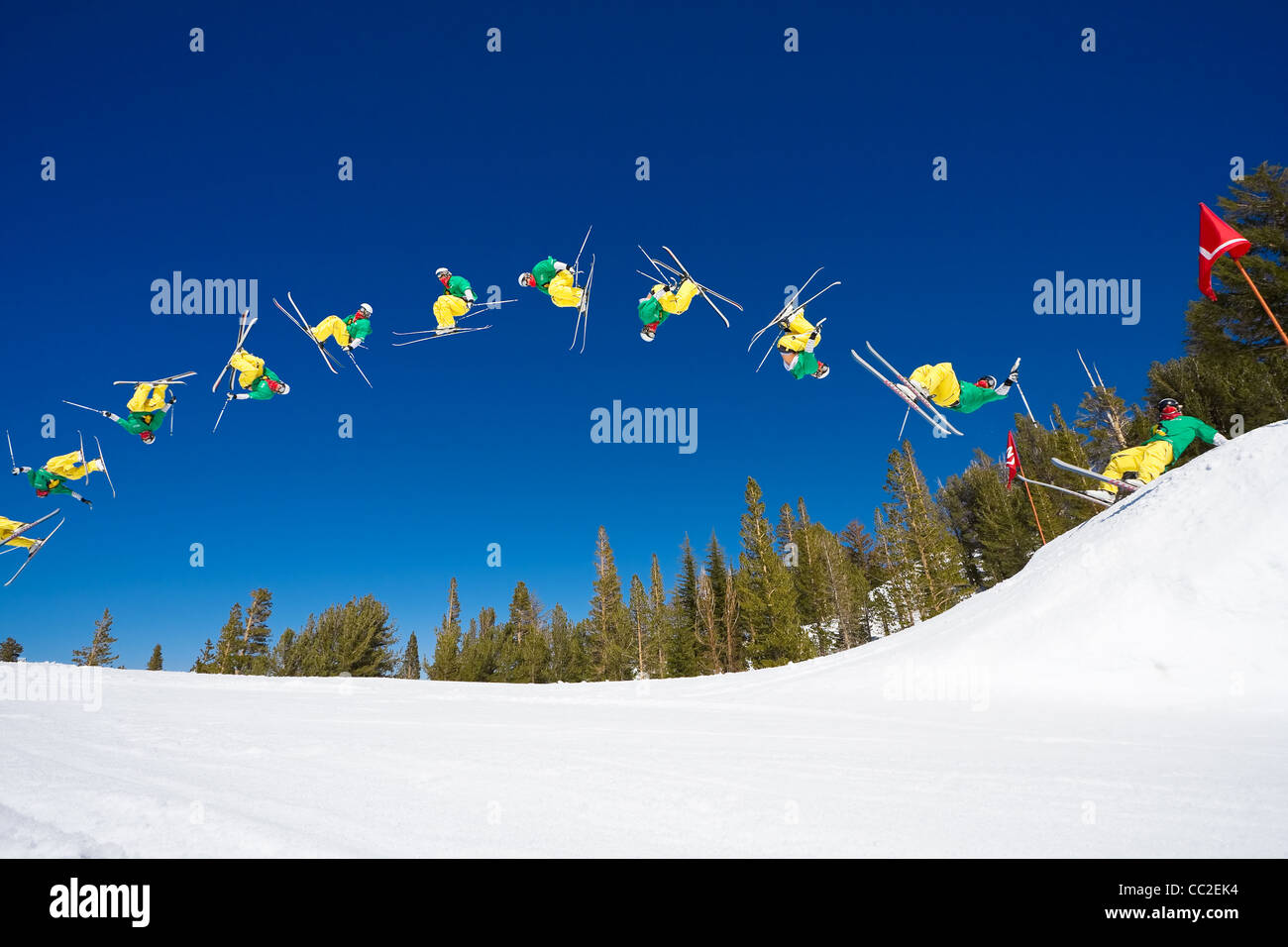 Sequence of Skier doing Radical Back Flip off Jump Stock Photo - Alamy