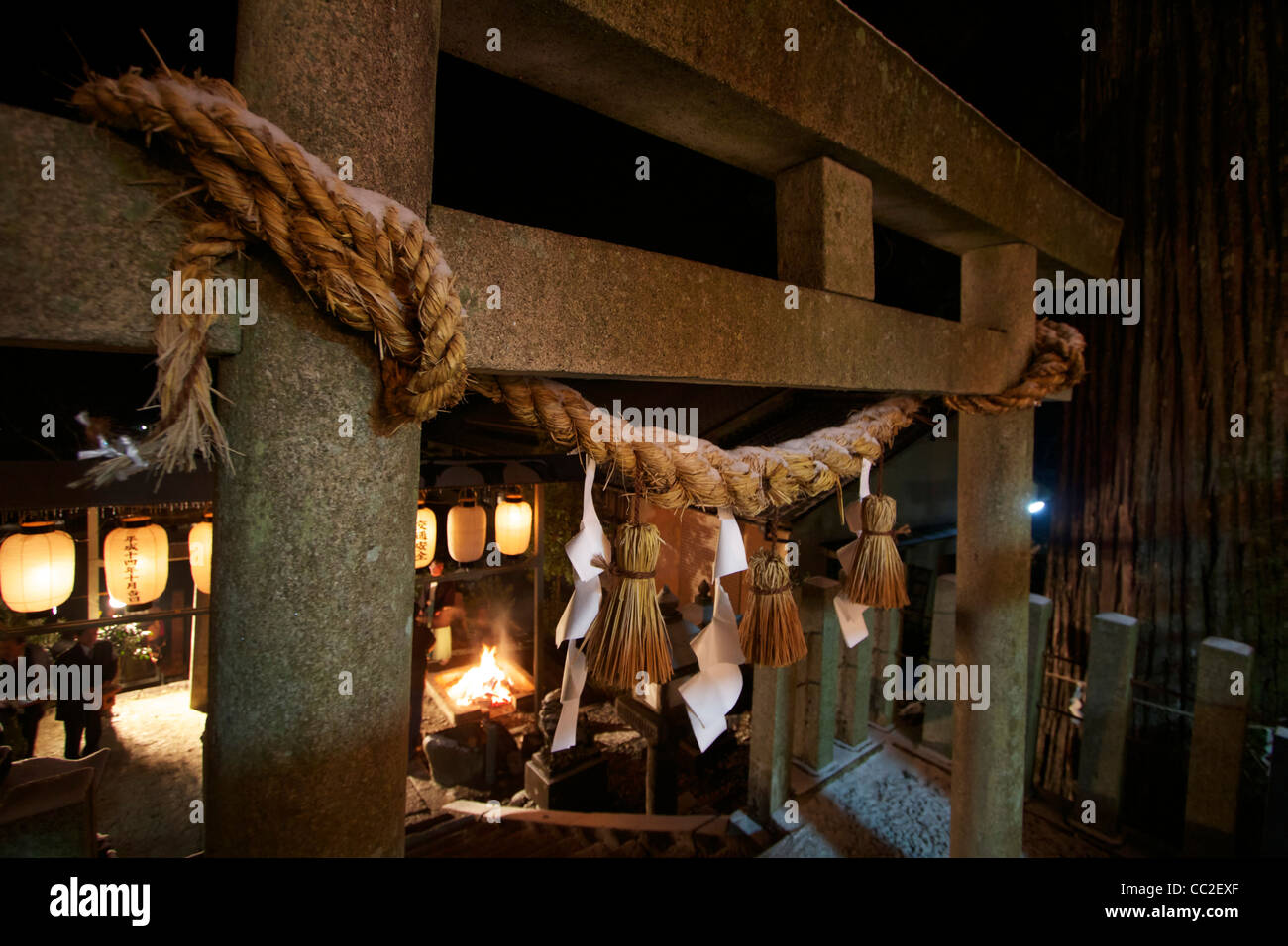 Shimenawa rope and white paper gohei on a Nakastsugawa Shrine Stock ...