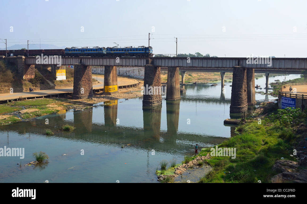 Train running on a very old boundary less bridge which is made up of ...