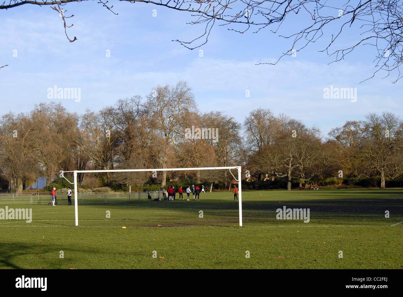 Young football players in a pitch in Batersea Park with Batersea ...