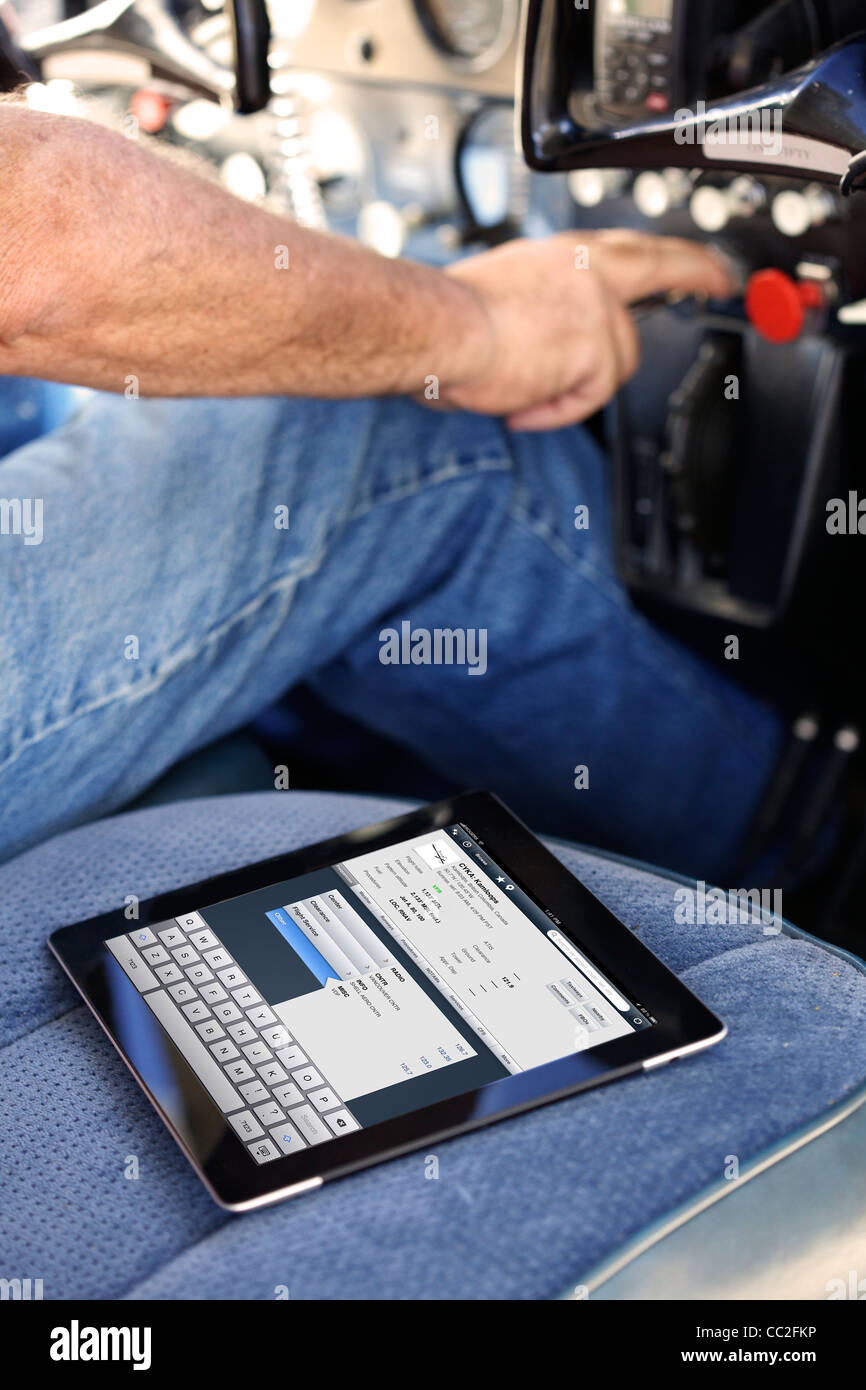 Private airplane pilot ready to fly with his iPad showing weather ...