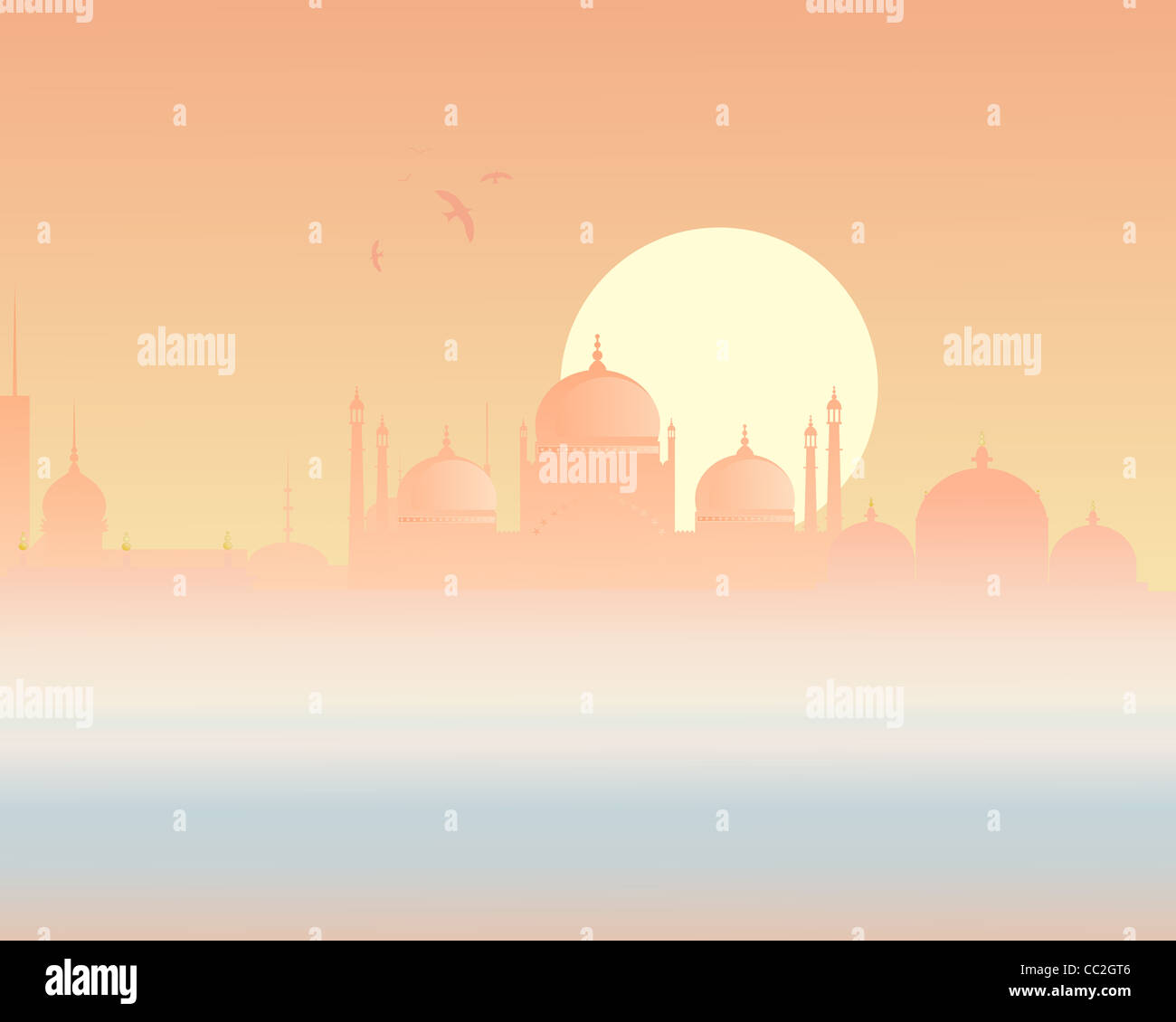 an illustration of a beautiful asian sunset with exotic architecture in ...
