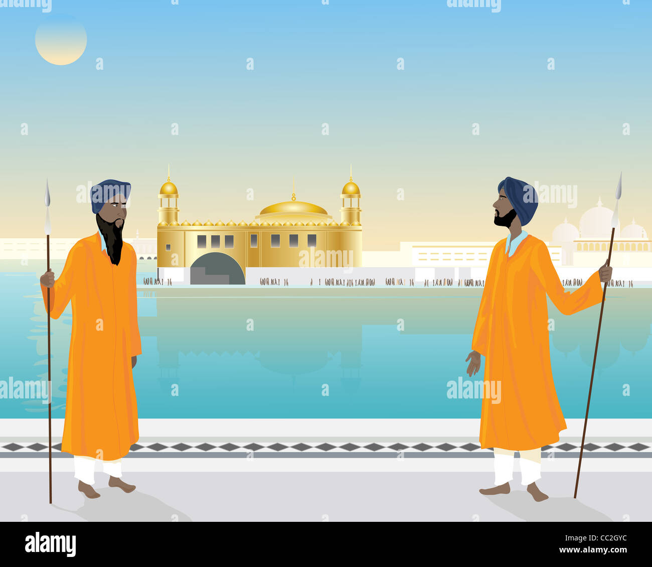 an illustration of a two temple guards standing by the holy pool of the ...