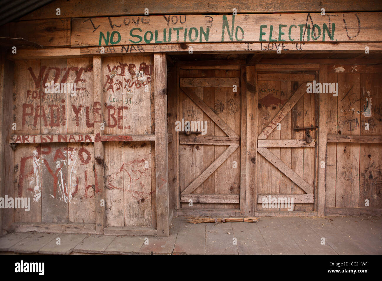 India, Arunachal Pradesh, Old Ziro village, political graffiti painted ...