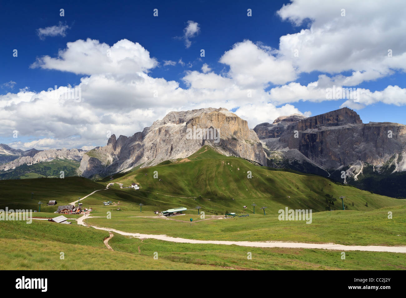 summer view of Sella Mountain and Sella pass with Saas Pordoi peak ...