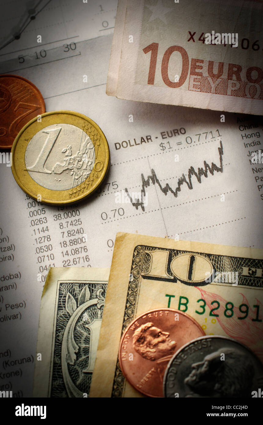 Euro and dollars with financial graph, studio shot Stock Photo - Alamy