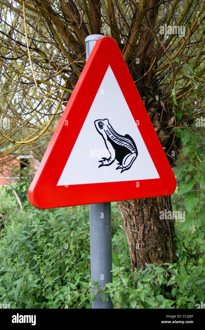 A road sign warning of frogs crossing, 'beware of the Frog', Mechelen ...