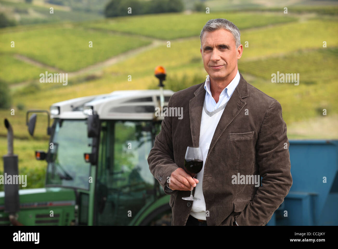 Vineyard owner stood in field with glass of wine Stock Photo - Alamy