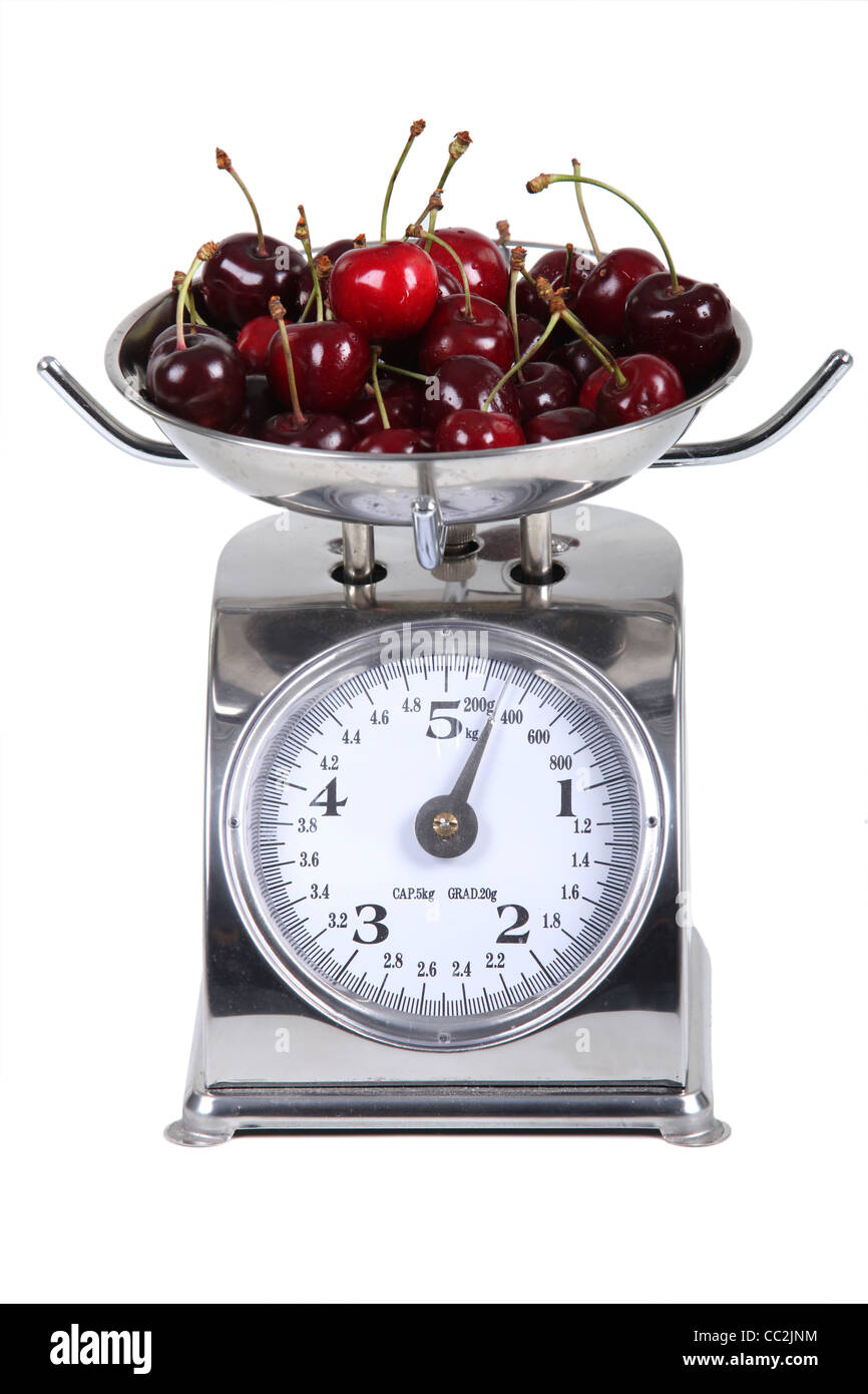 Scale measuring the weight of a bunch of cherries Stock Photo - Alamy