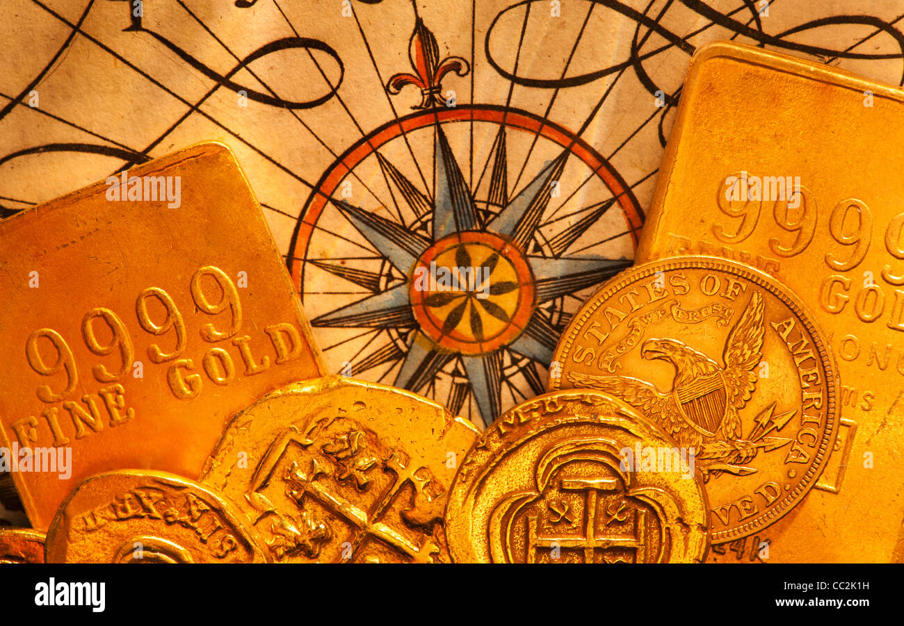 Antique map and coins, studio shot Stock Photo - Alamy