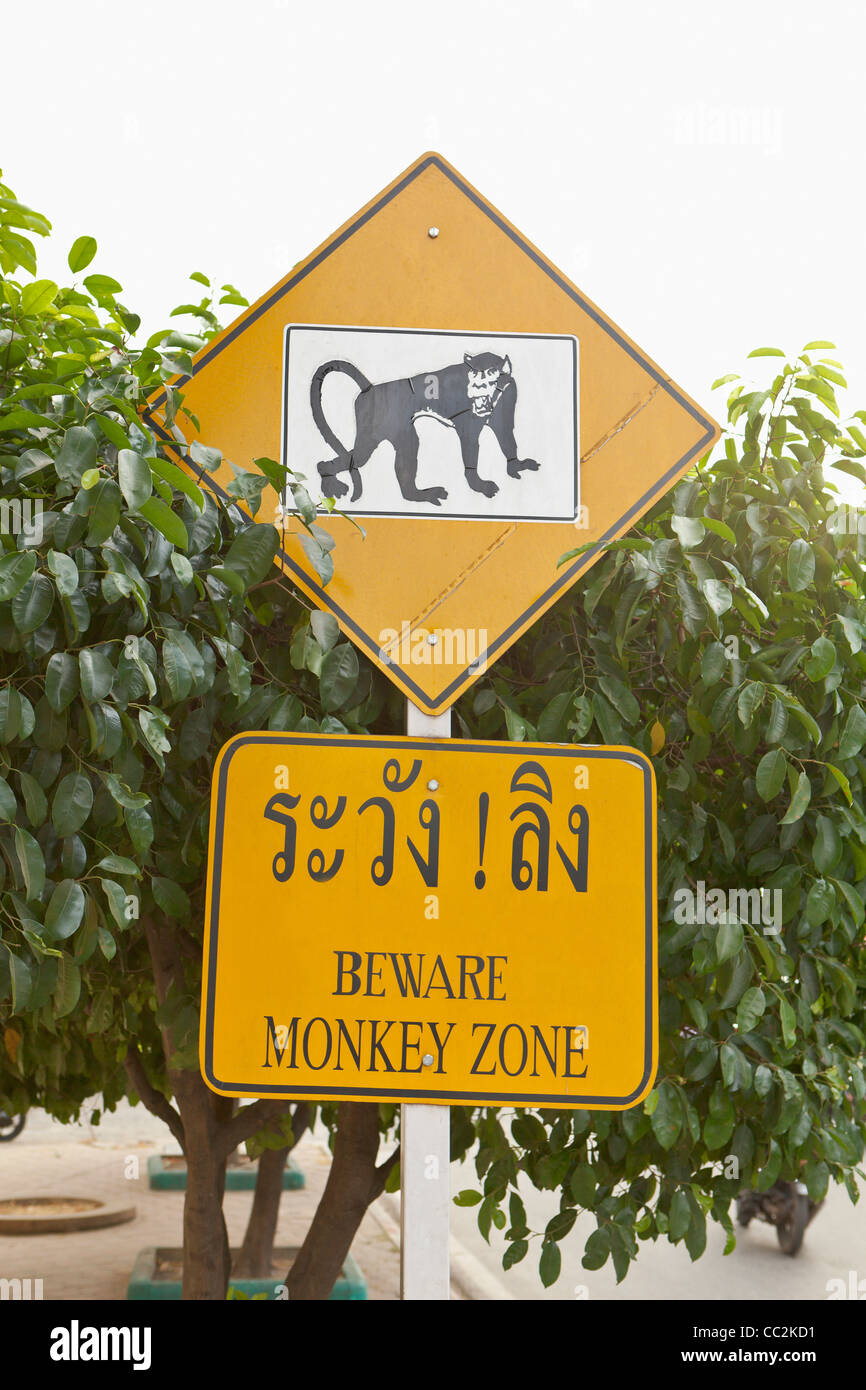 Monkey Zone Sign warning in Lopburi, Thailand Stock Photo - Alamy