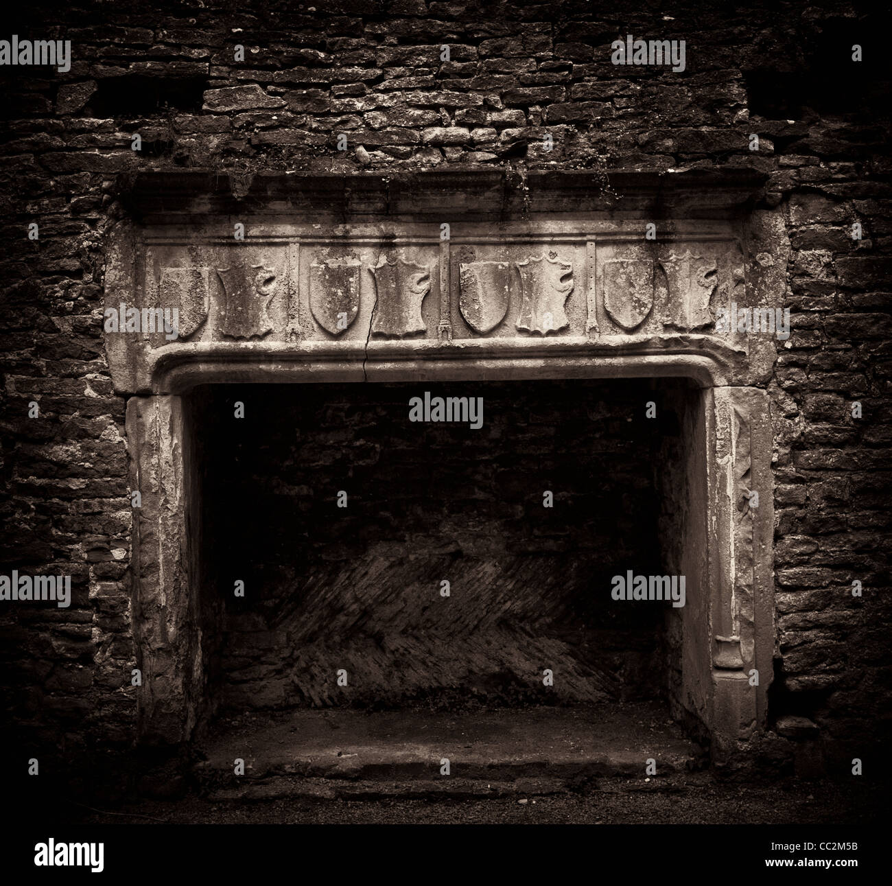 Fireplace in medieval castle ruins. Beupre Castle, Wales Stock Photo ...