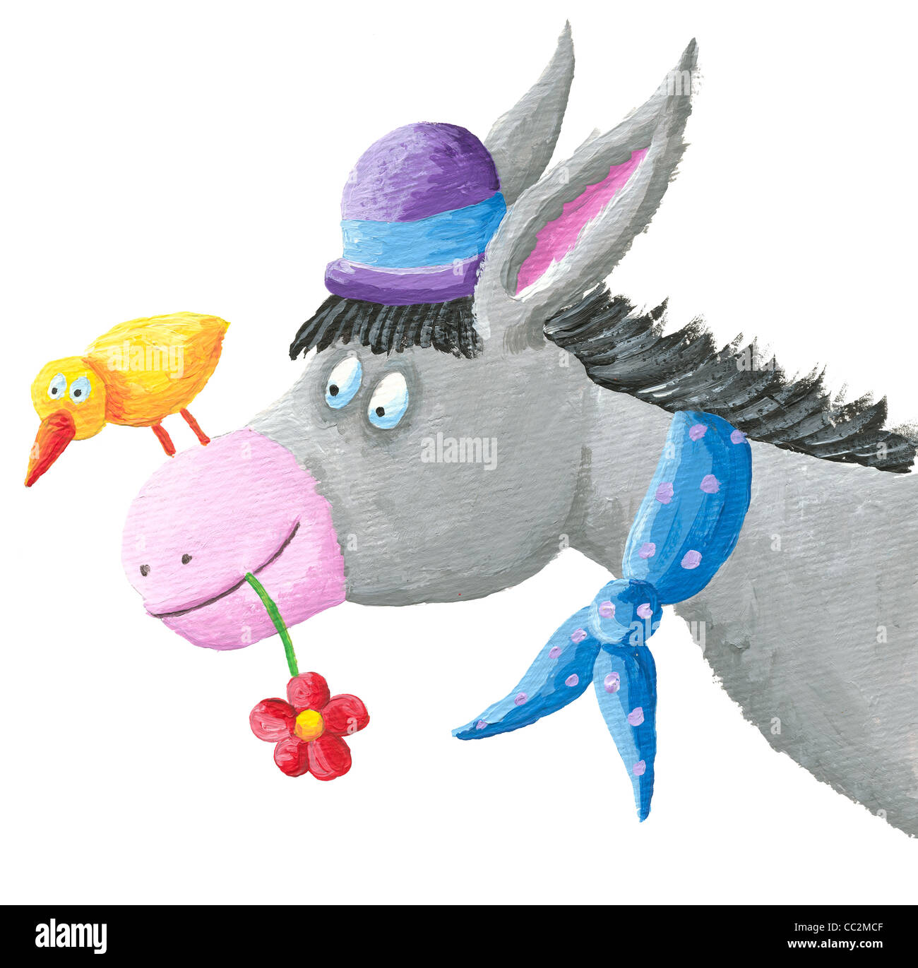 Illustration of the funny dressed donkey and bird Stock Photo - Alamy