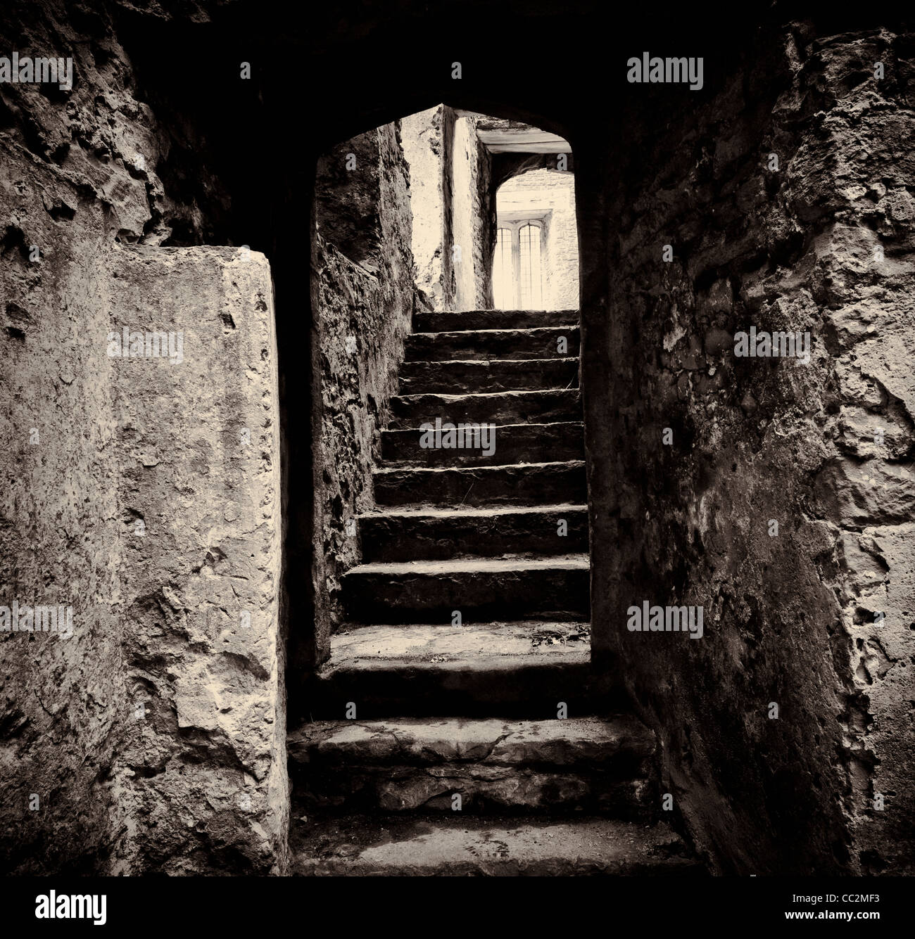 Doorway and steps in medieval castle ruins. Beupre Castle, Wales Stock ...