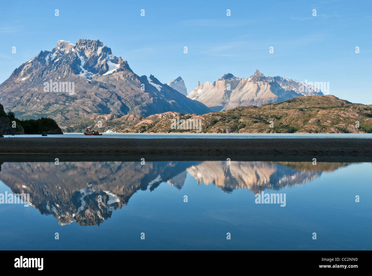Paine Massif reflected in Lago Grey near Glacier Grey. Torres del Paine ...