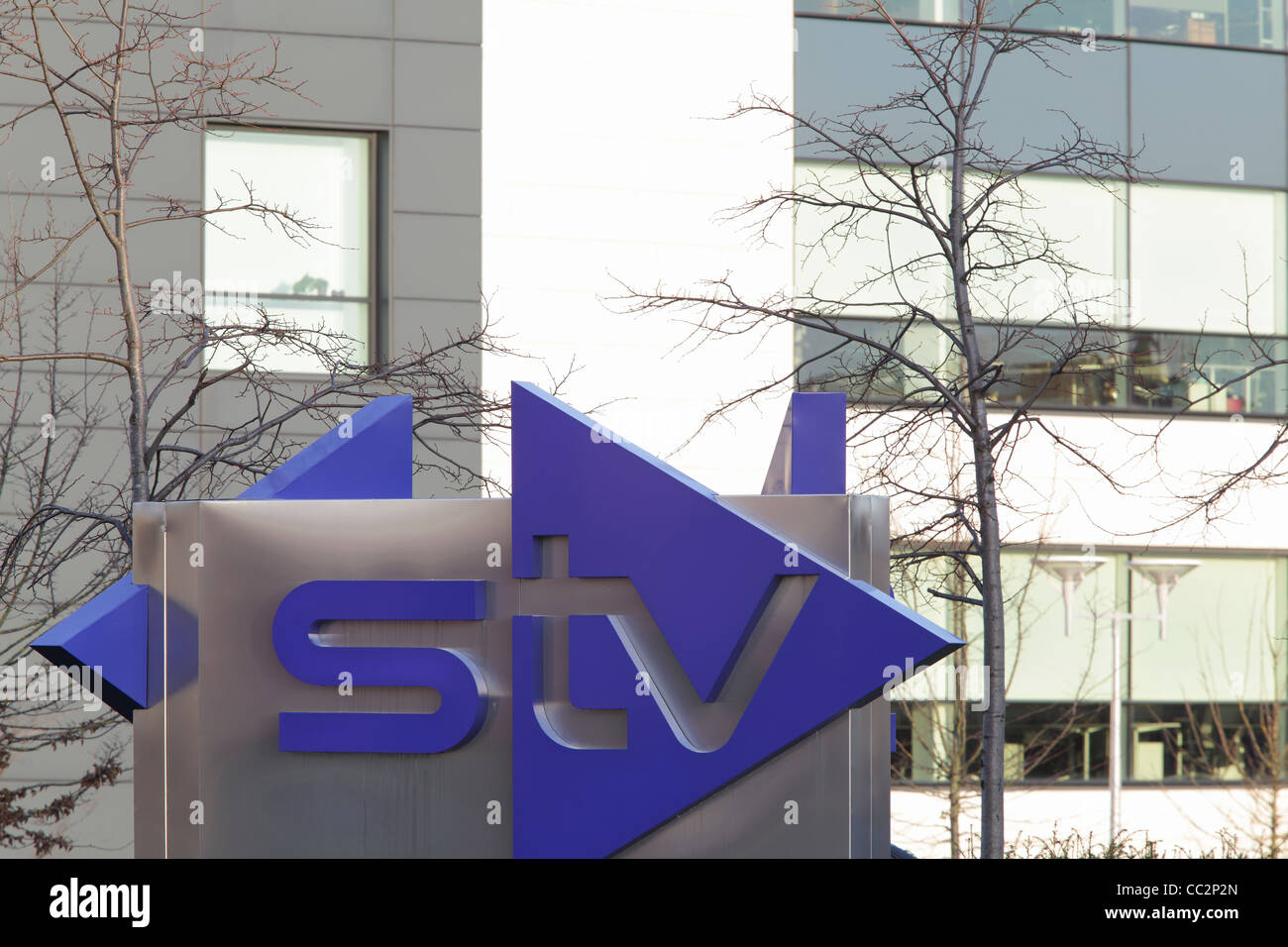 STV sign outside the studios on Pacific Quay, Glasgow, Scotland, UK ...