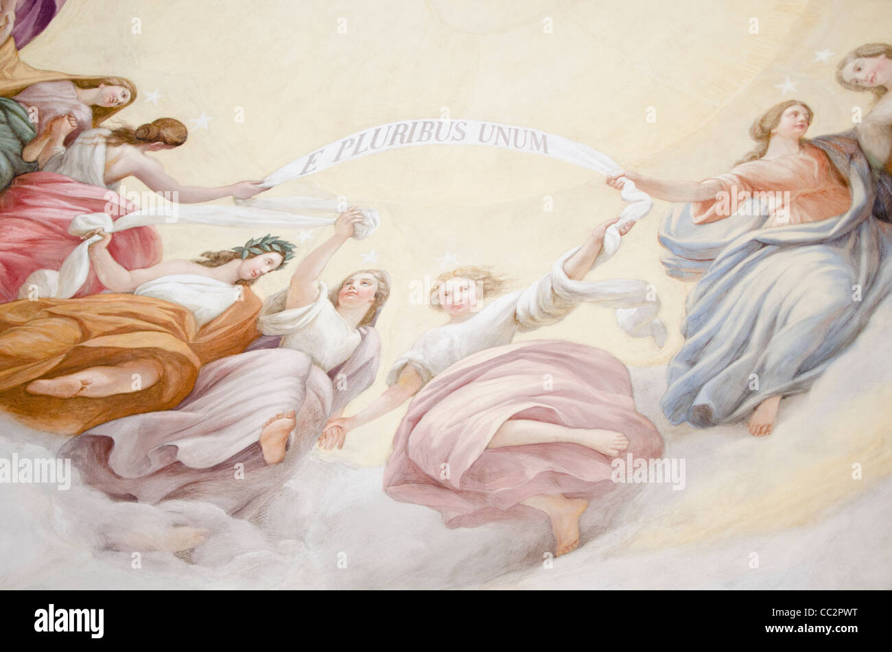 USA, Washington DC, Capitol Building, Close up of fresco on ceiling ...