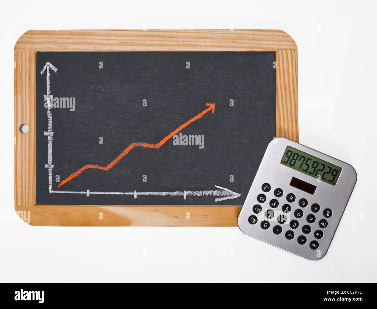 Detail photo of a slate, a chart with an increasing curve on this ...