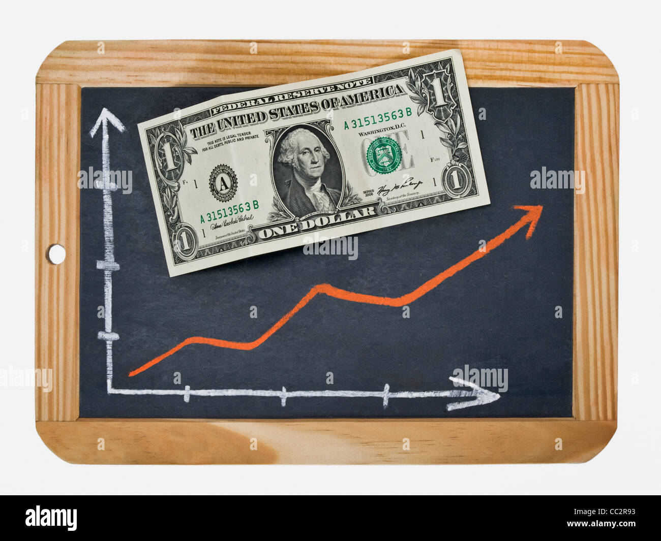 Detail photo of a slate, a chart with an increasing curve on this ...